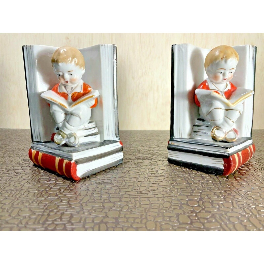 Vintage 1950s Bookends Pair Porcelain Victorian Style Boy Children Book ...