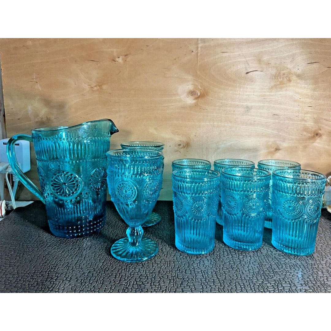 Vintage Pioneer Woman Adeline Turquoise Blue Pitcher, 6 Glasses, 2 ...