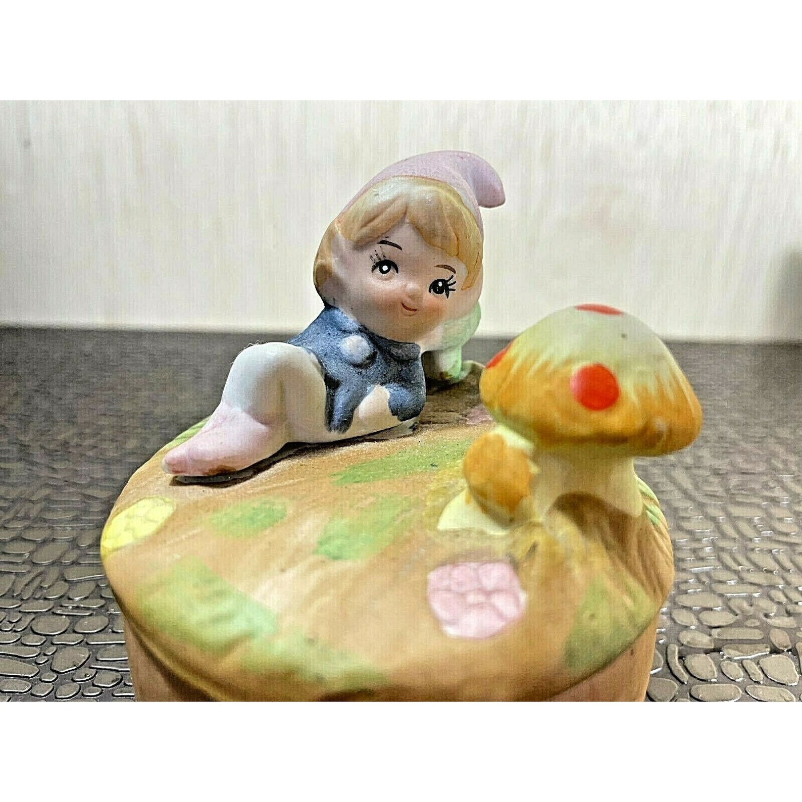 Vintage Ceramic Pixie With Mushroom Trinket Box - Etsy