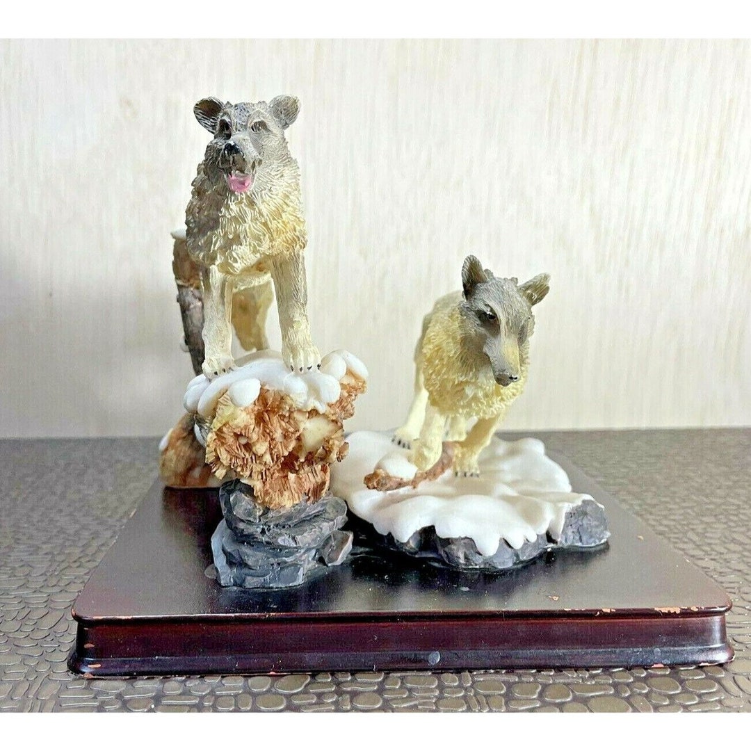 2 Resin Wolves Figurines on Snow Capped Wooden Base * - Etsy