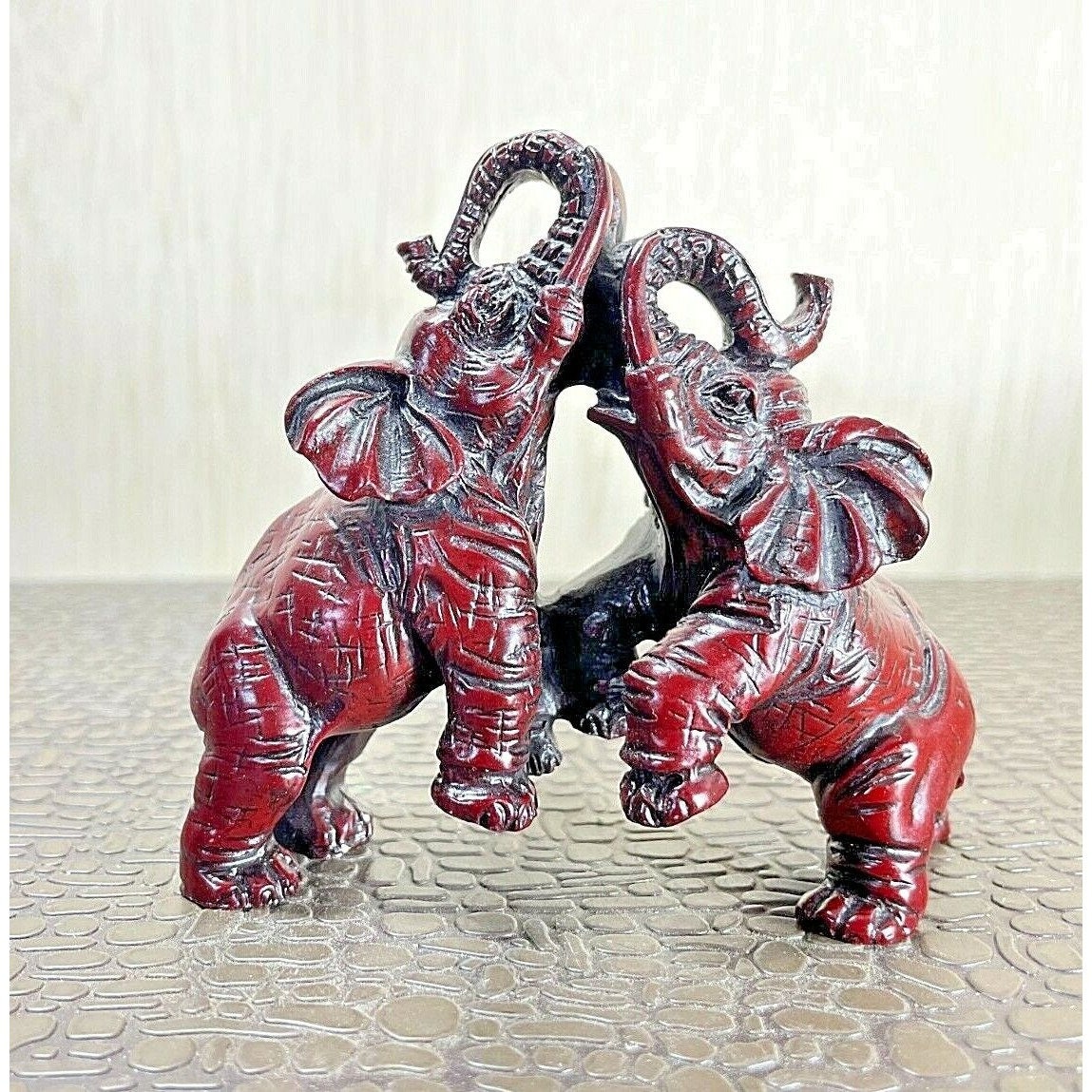 Vintage 1970's Chinese Handcrafted Red Resin Battling Bull Elephants ...