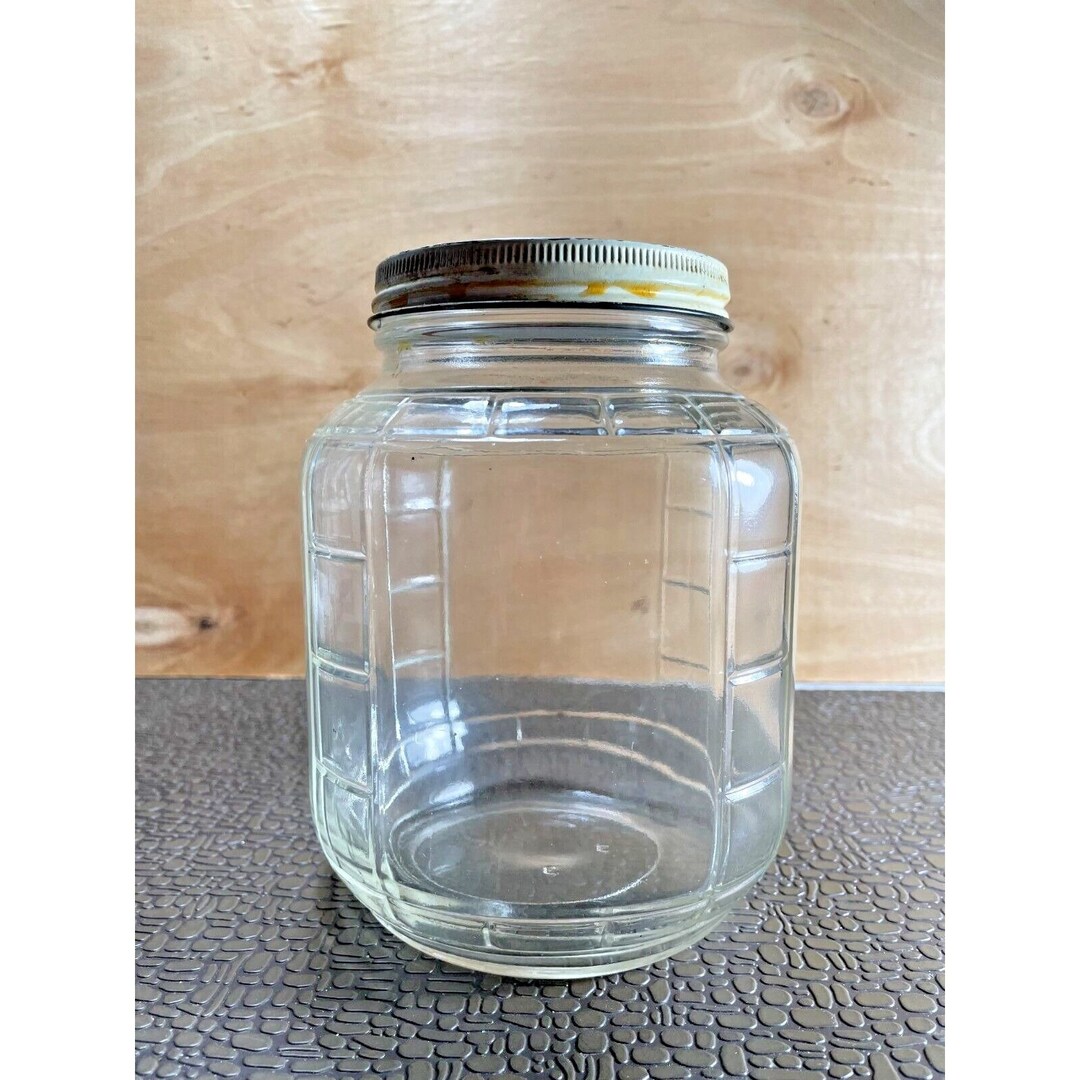 Vintage Hoosier Cabinet Style Glass Round Canister, Ribbed Corners Jar ...