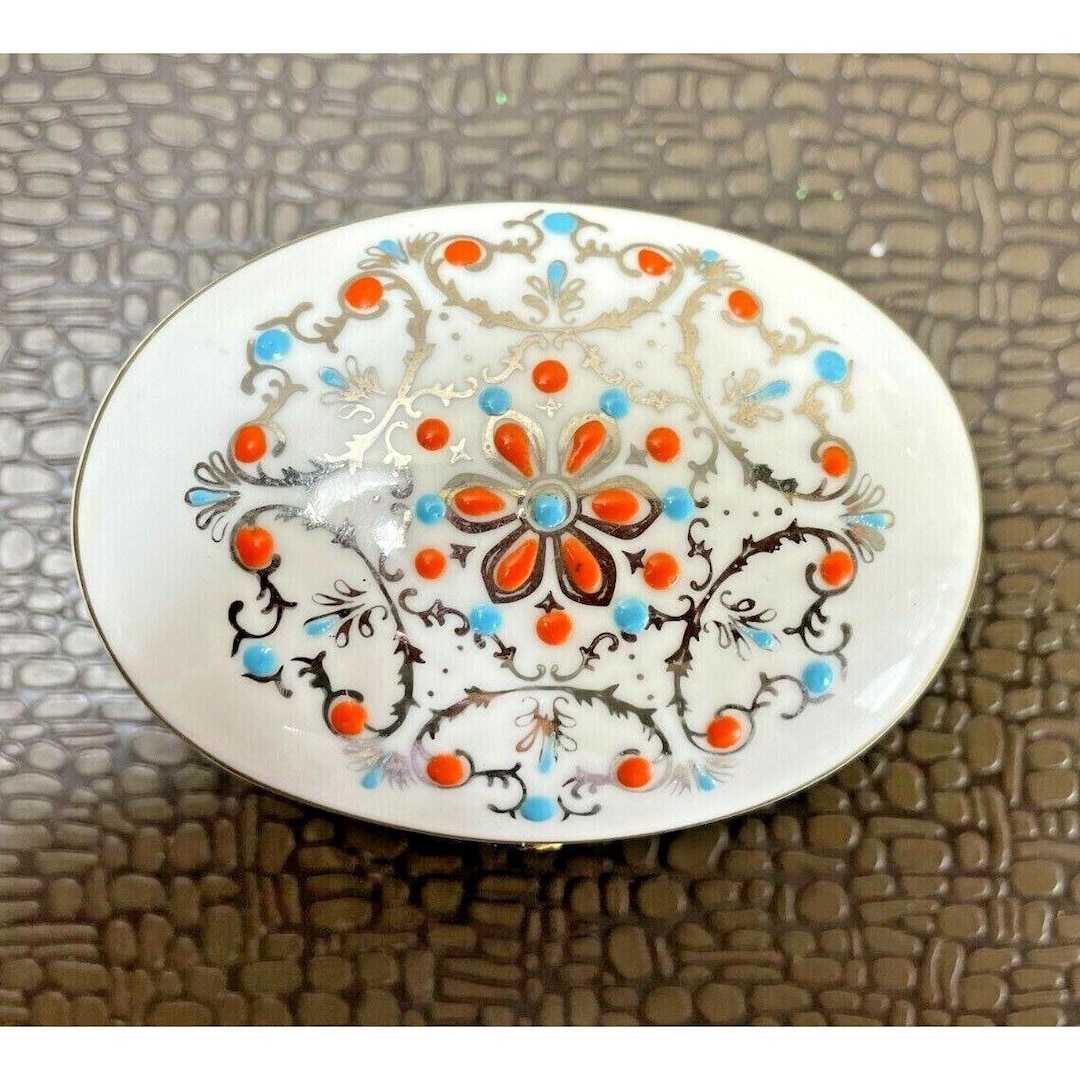 Kalk 4 Legged Oval Porcelain Trinket Box, Gold Accents, Raised Enamel ...