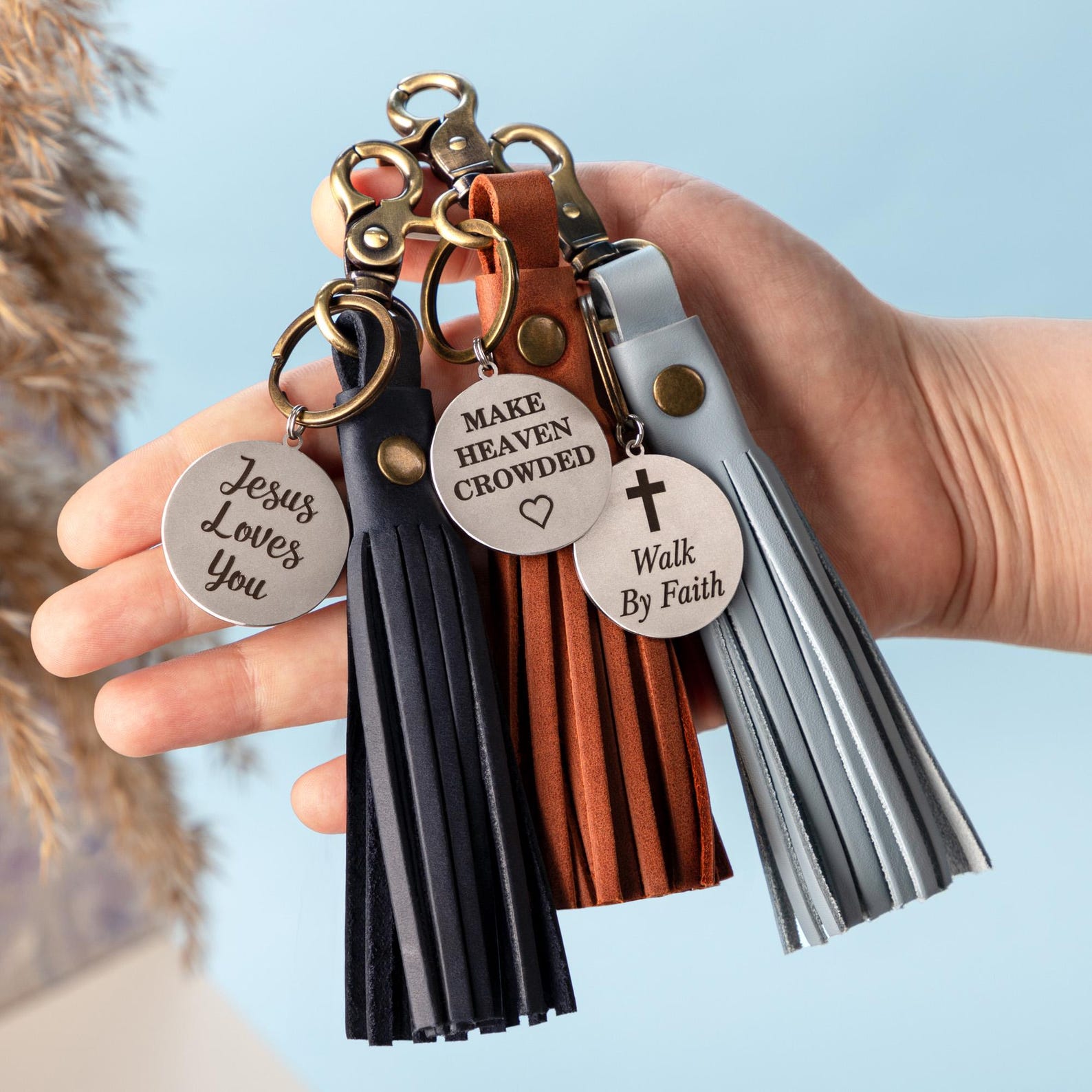 Jesus Loves You - Leather Tassel Keychain With Customized Bible Verse ...