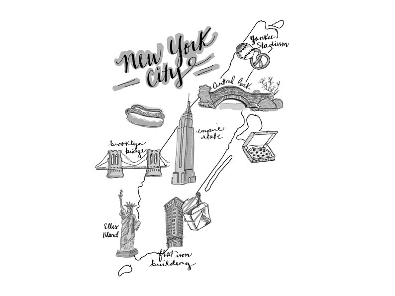 New York City, Illustrated Map, Digital Print, NYC Landmarks, Art Print ...