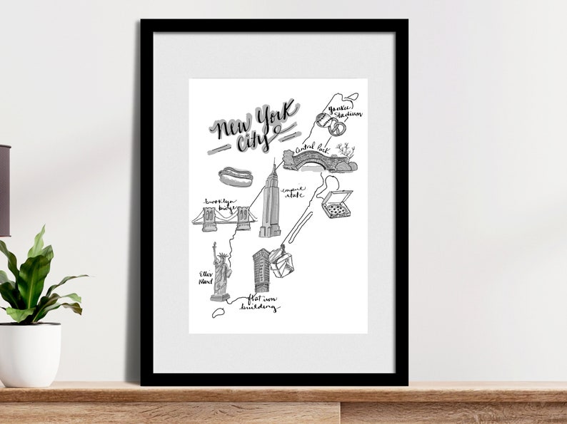 New York City, Illustrated Map, Digital Print, NYC Landmarks, Art Print ...