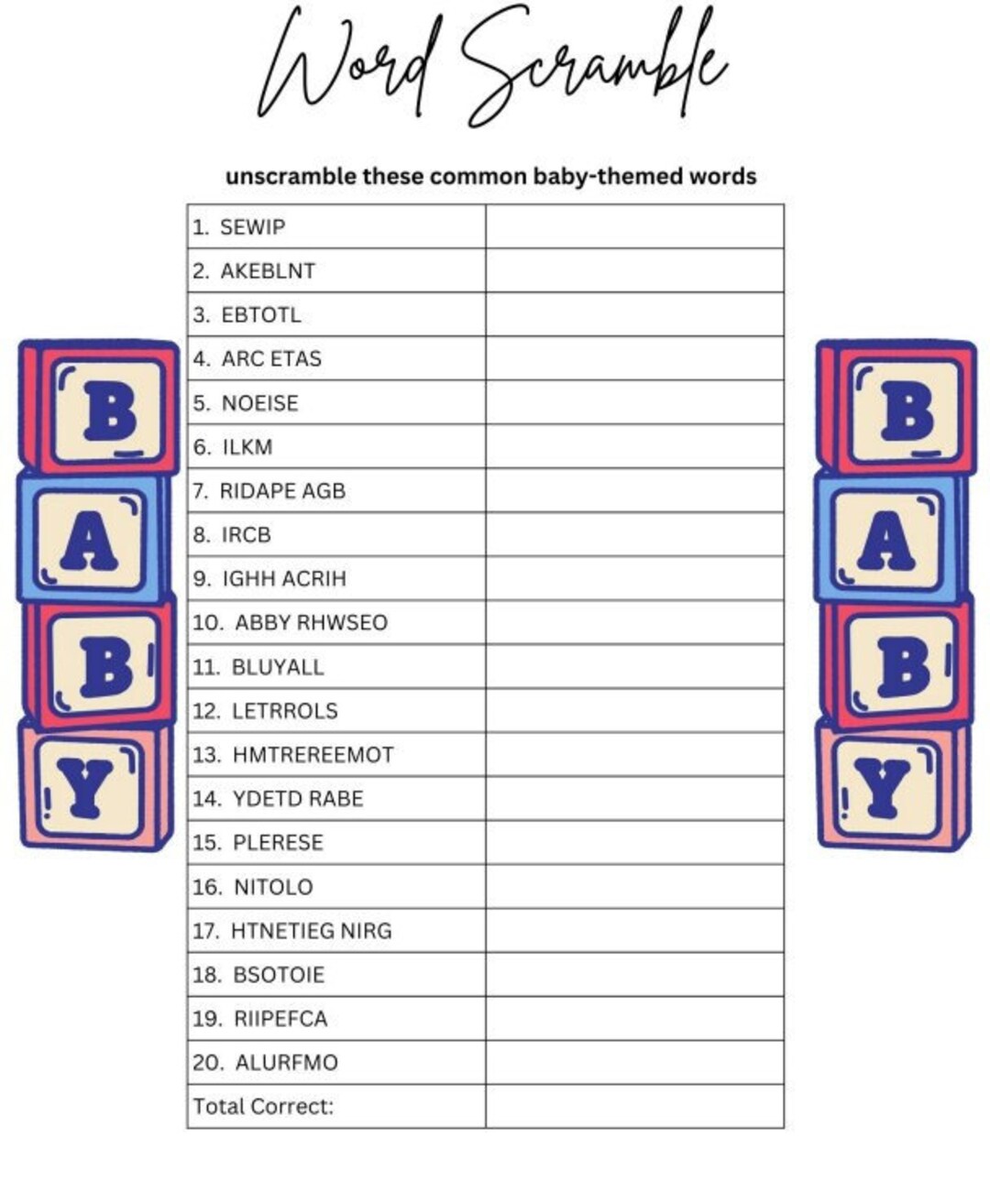 Baby Shower Game Word Scramble Baby Blocks Theme - Etsy