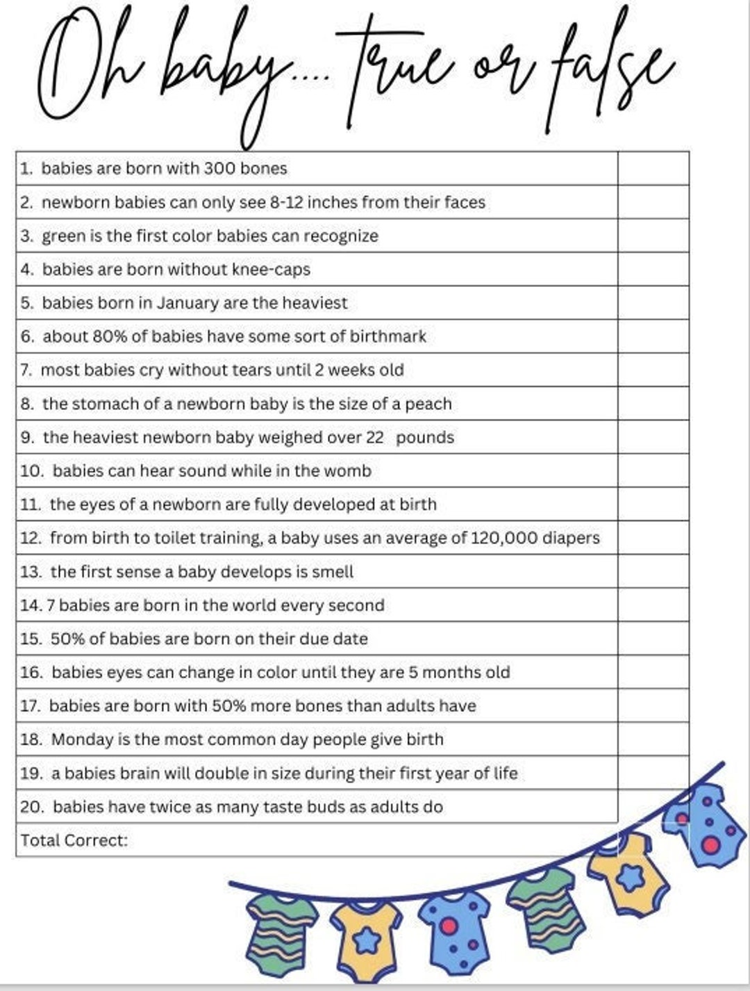 Baby Shower Game Oh Baby, True or False Boy Clothesline Theme - Etsy