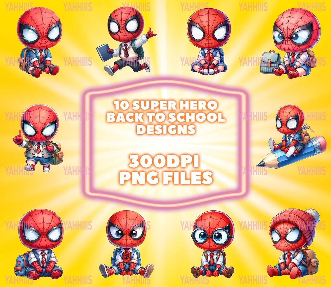 10 Super Hero Back to School Designs Png Bundle, Cartoon PNG ...
