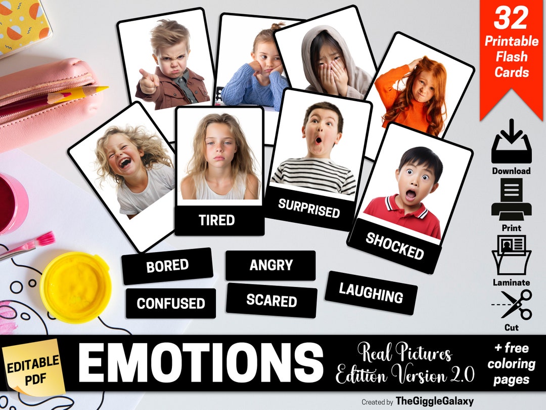 Kids 32 Emotions Flashcards REAL PICTURES EDITION Montessori Feelings ...