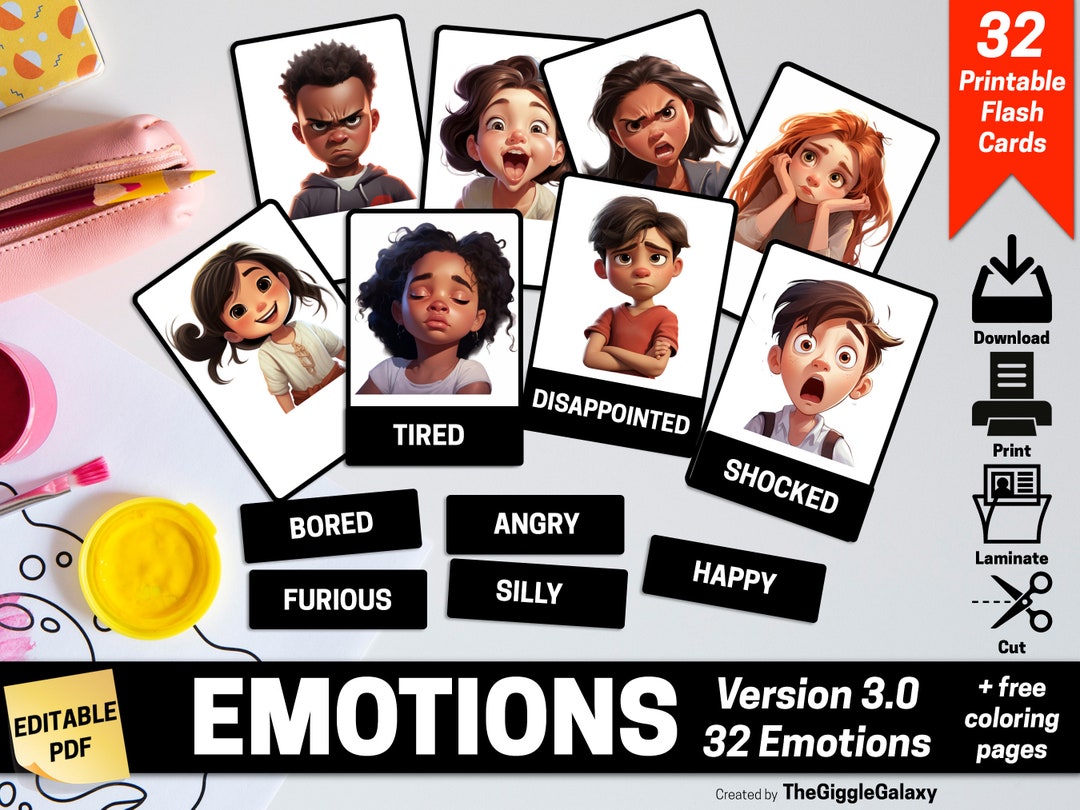 Kids 32 Emotions Flashcards Large Montessori Feelings Cards Printable ...