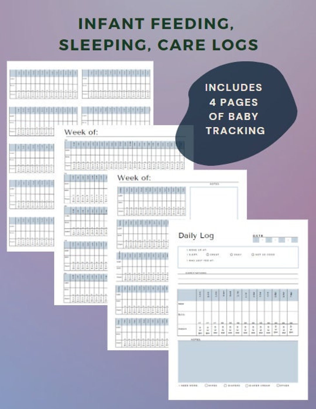Printable Infant Care Log Blue 4 Different Pages of Tracking Baby's ...