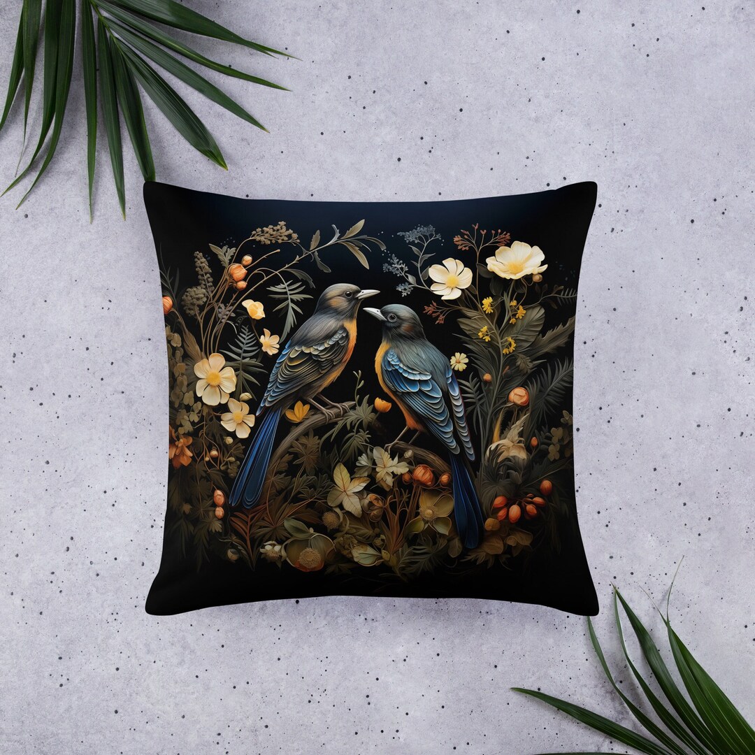 Blue Birds Collage Cottagecore Pillow, Botanical Design, Birds and ...
