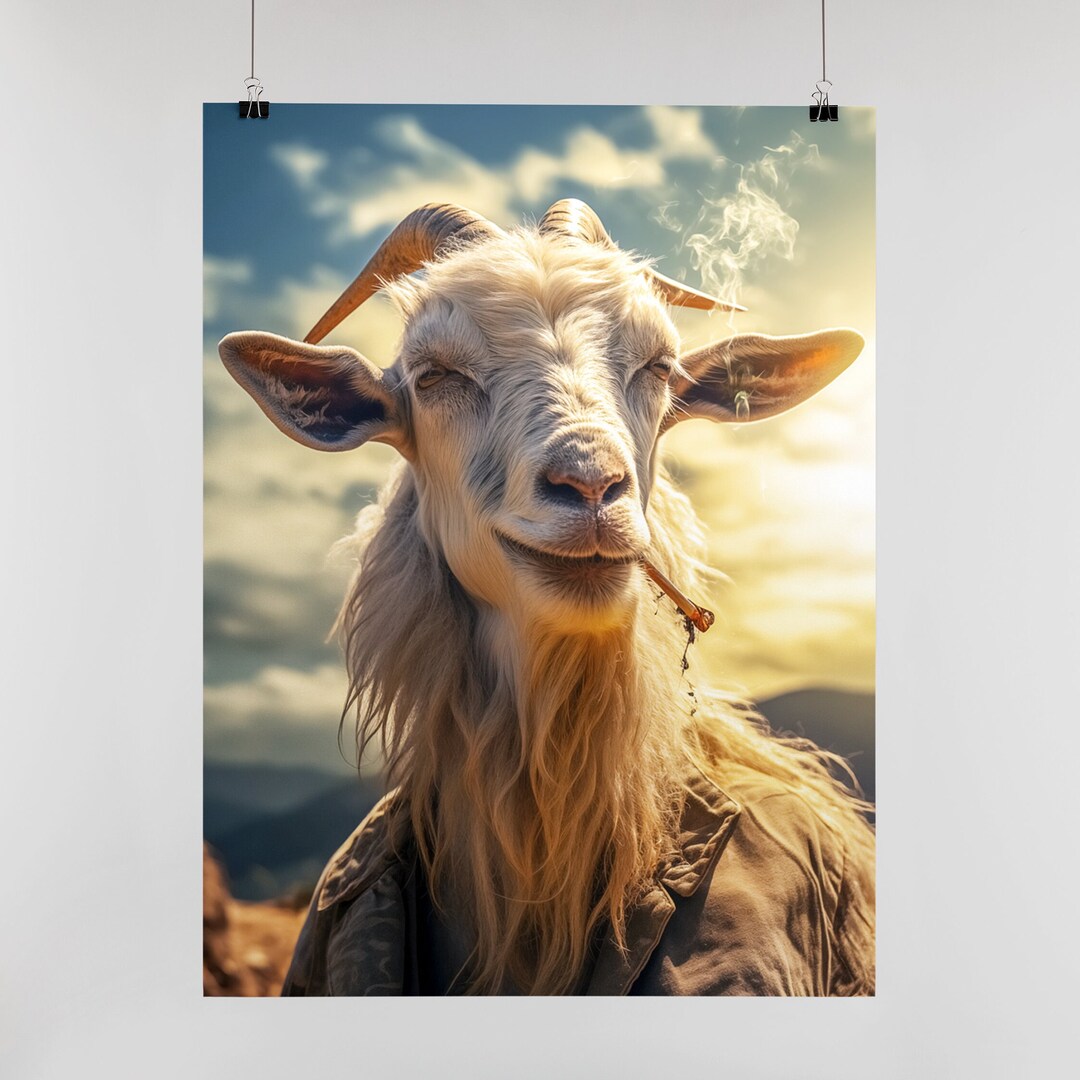 Mountain Goat Smoking Weed Poster, Funny Animal Portrait Smoking ...