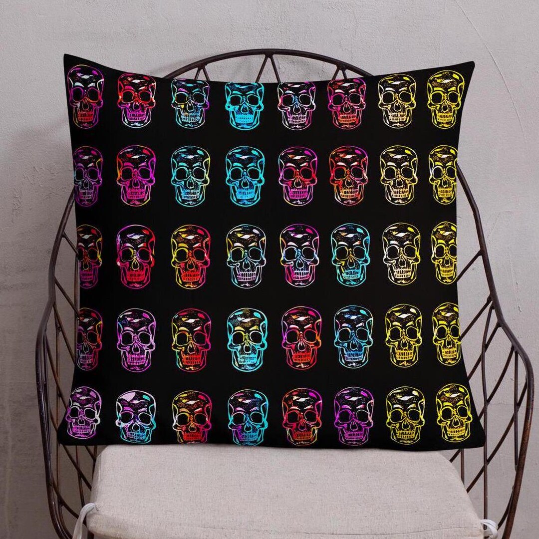 Neon Glow Skull Throw Pillow, Colorful Gothic Aesthetic Cushion ...