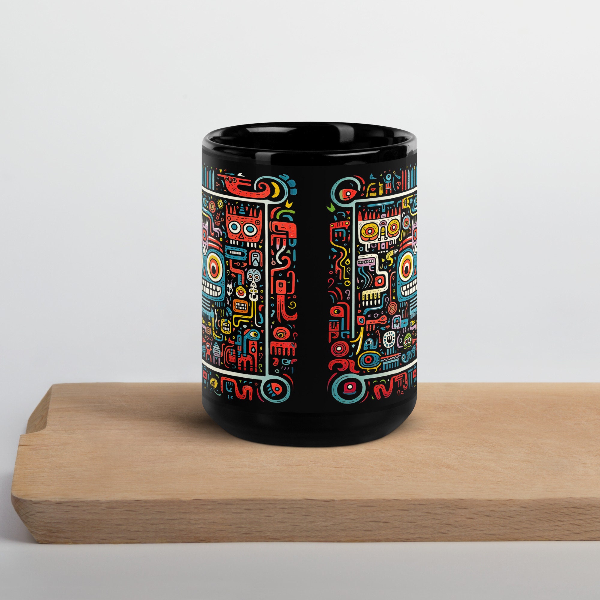 Tribal Art Keith Haring Inspired Art Black Glossy Mug, Colorful Cartoon ...