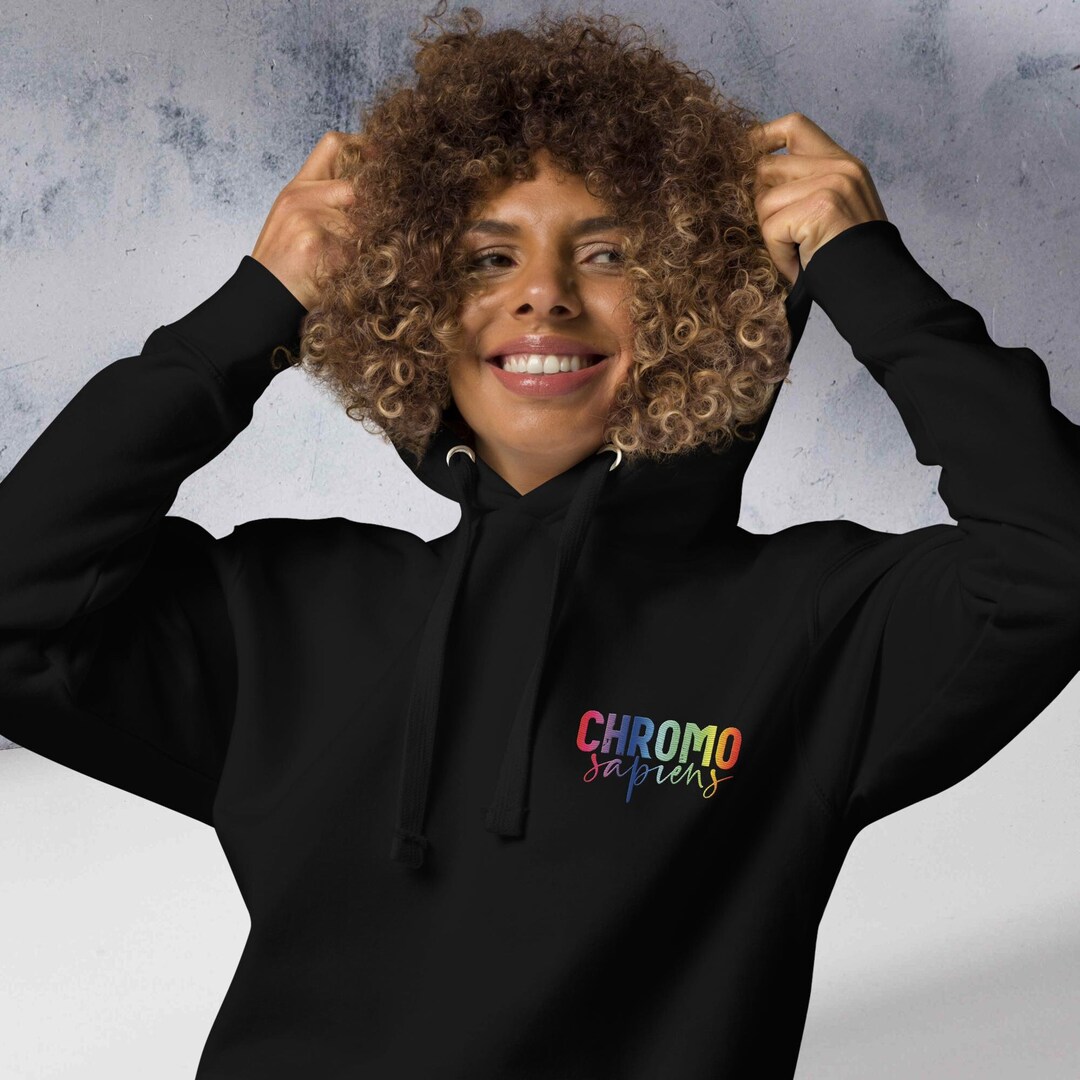 Chromo Sapiens Retro Rainbow Embroidery Unisex Hoodie, Fluorescent Fashion for Party and Color ...