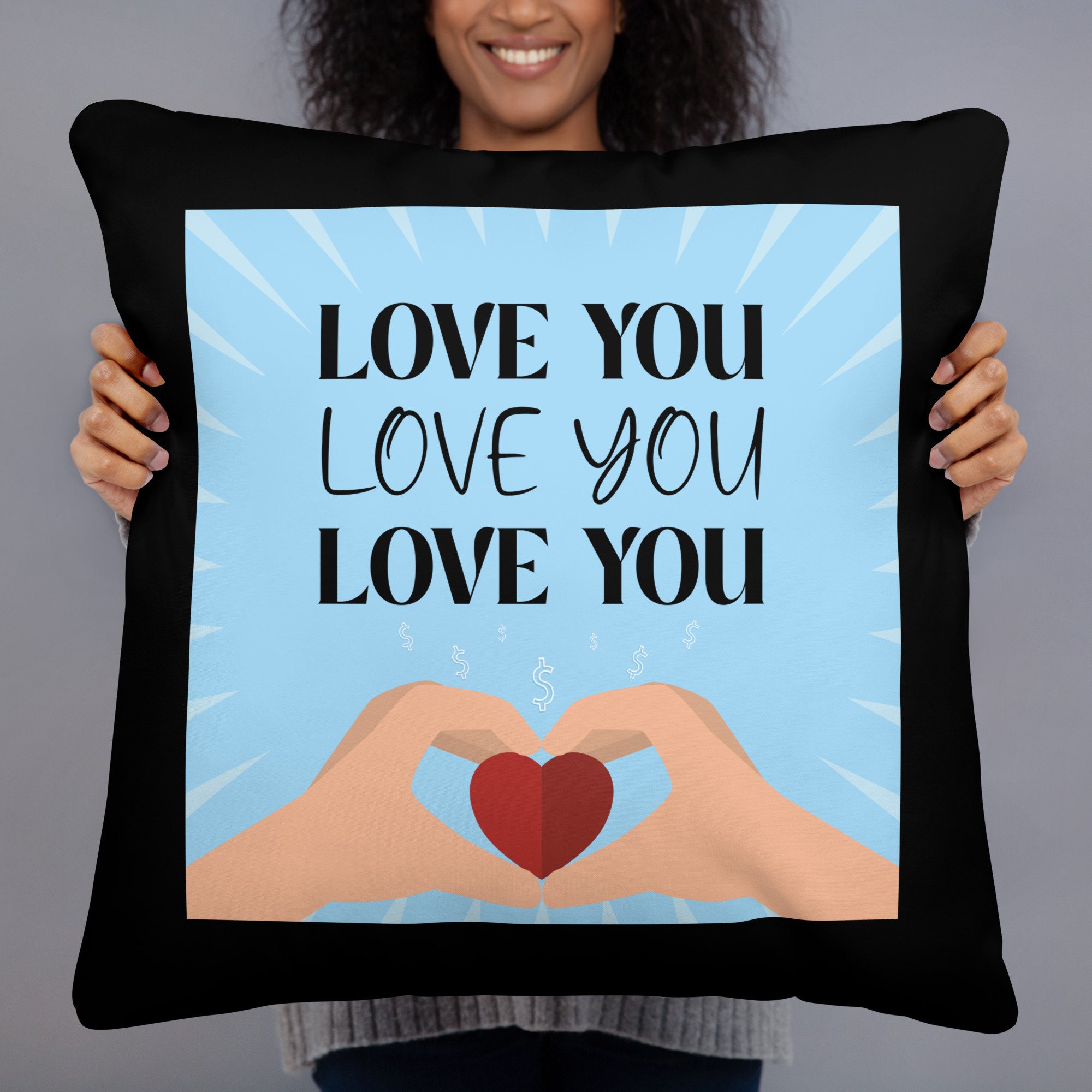 Love You Pop Art Hand Heart Emoji Sign Pillow, Valentines Day Pillow ...