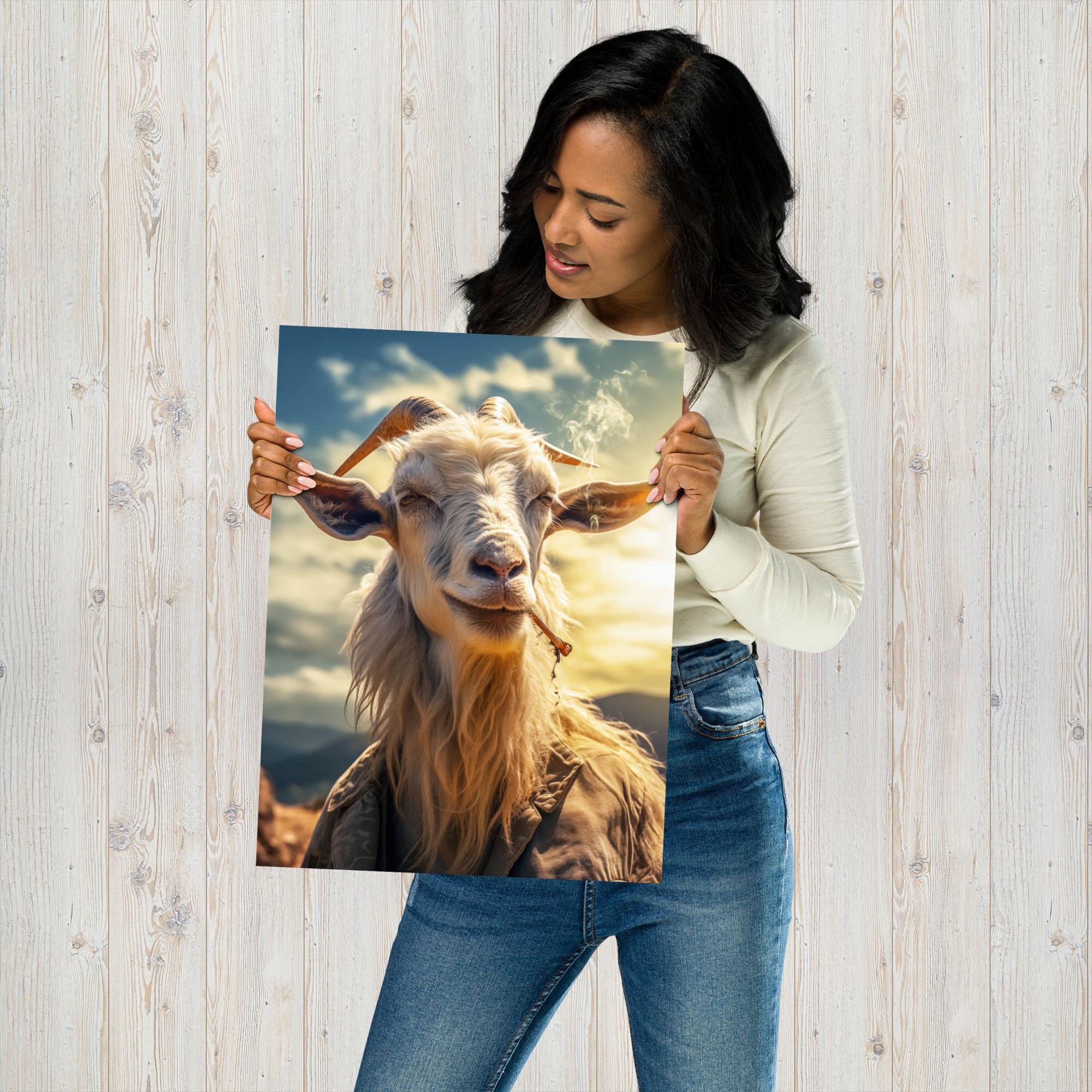 Mountain Goat Smoking Weed Poster, Funny Animal Portrait Smoking ...