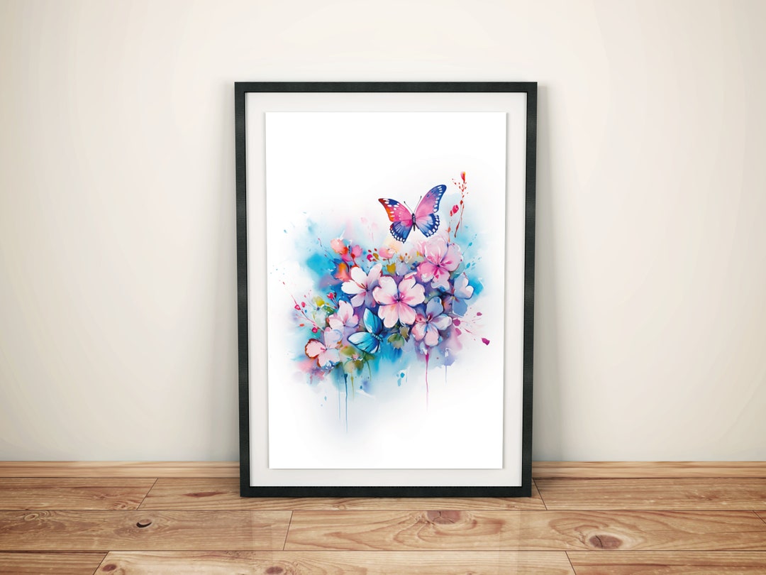 Water Colour Butterfly & Flowers Poster Print for Girls Bedroom or ...