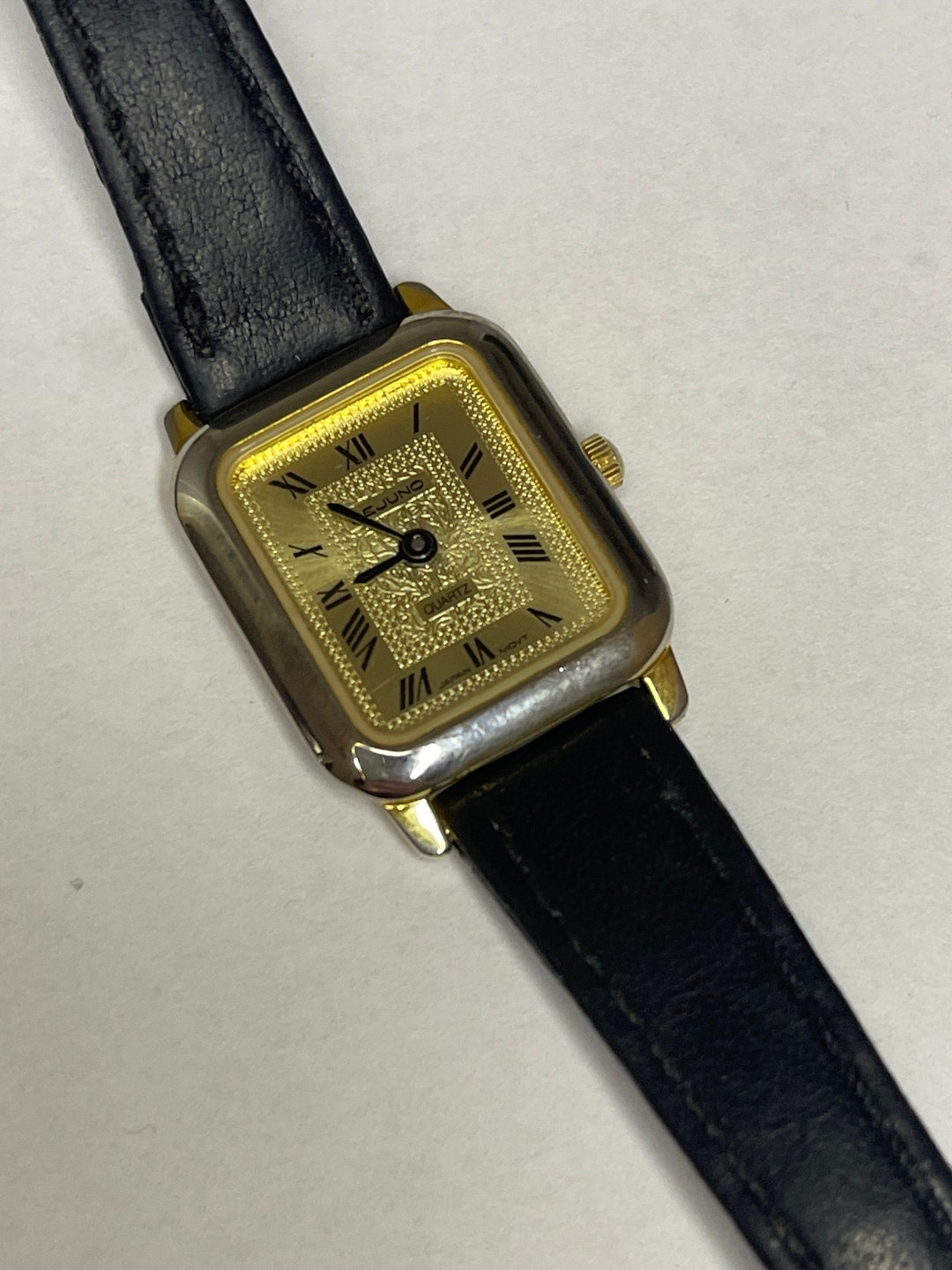 Dejuno Ladies Quartz Cocktail Watch Etched Dial Gold Tone Case Black Leather Strap - Etsy