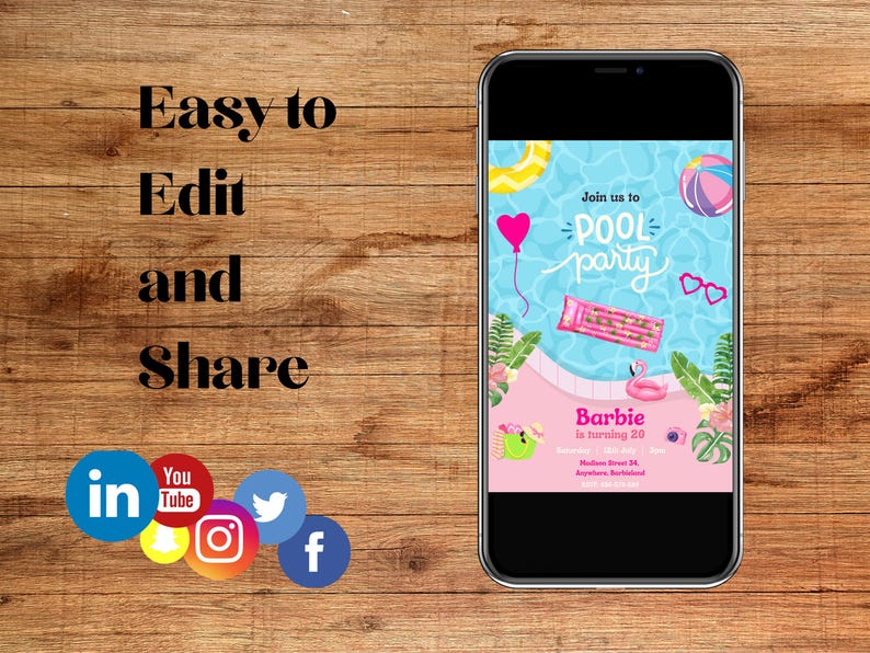 Barbie Birthday Invitation, Pool Party Invite, Swimming Birthday Canva ...