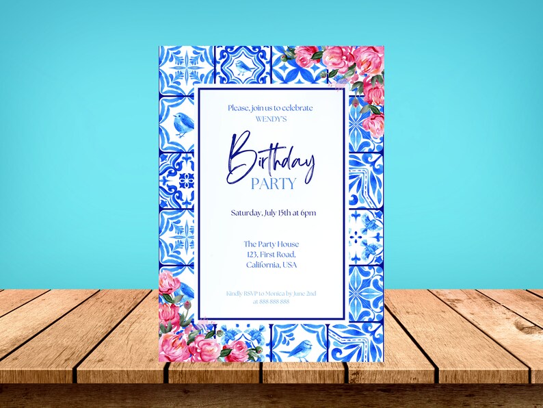 Blue Tiles Invitation, Flower Birthday Invite, Greek Italian Portugese ...