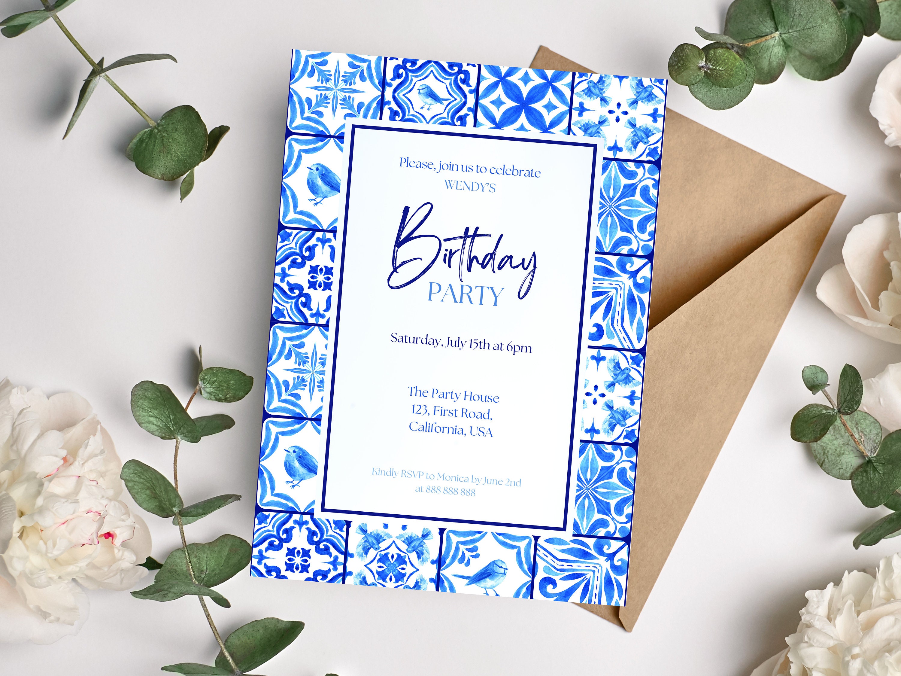 Blue Tiles Invitation, Greek Italian Portugese Spanish Mediterranean ...