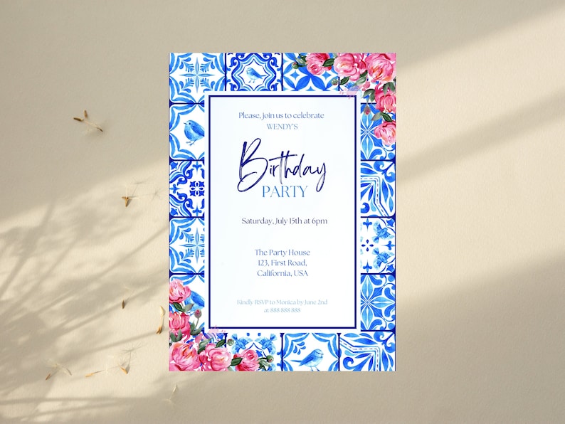 Blue Tiles Invitation, Flower Birthday Invite, Greek Italian Portugese ...
