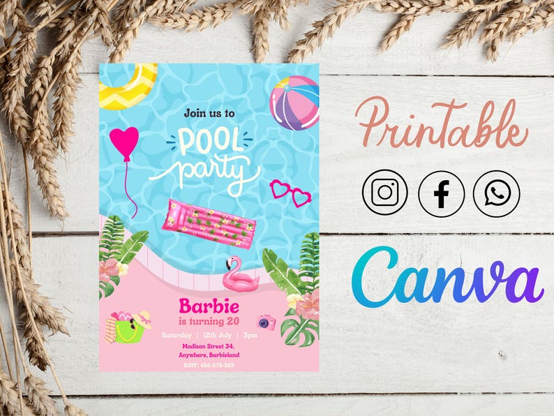 Barbie Birthday Invitation, Pool Party Invite, Swimming Birthday Canva ...