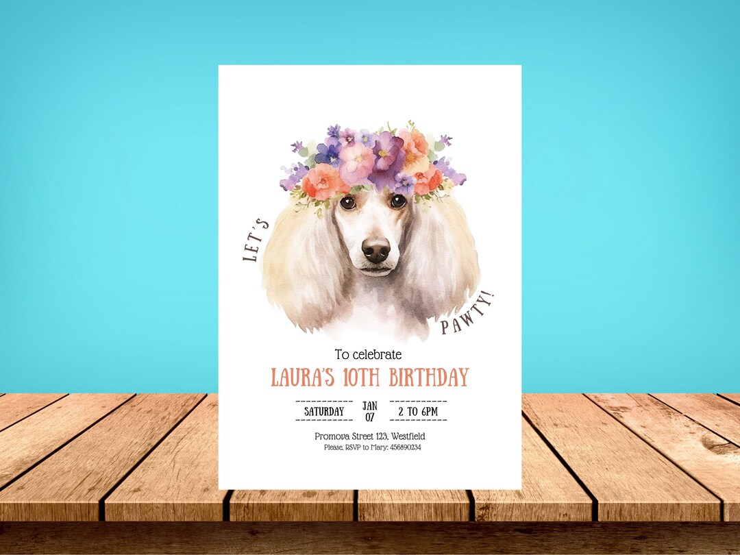 EDITABLE Dog Invitation, Cute Poodle With Flowers, Watercolor Invite ...