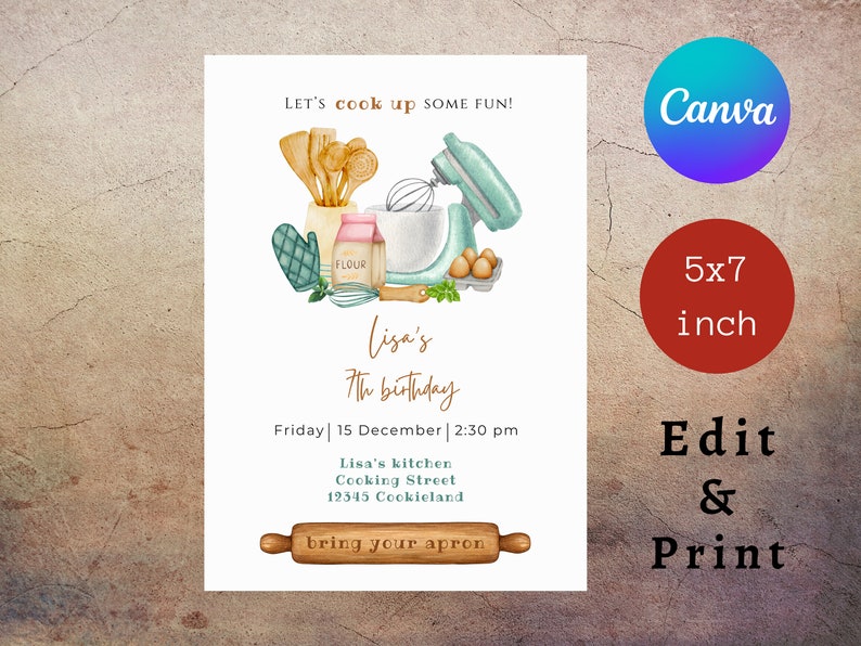 Cookie Invitation, Baking Birthday Invitation, Girl Chef Baking Party ...