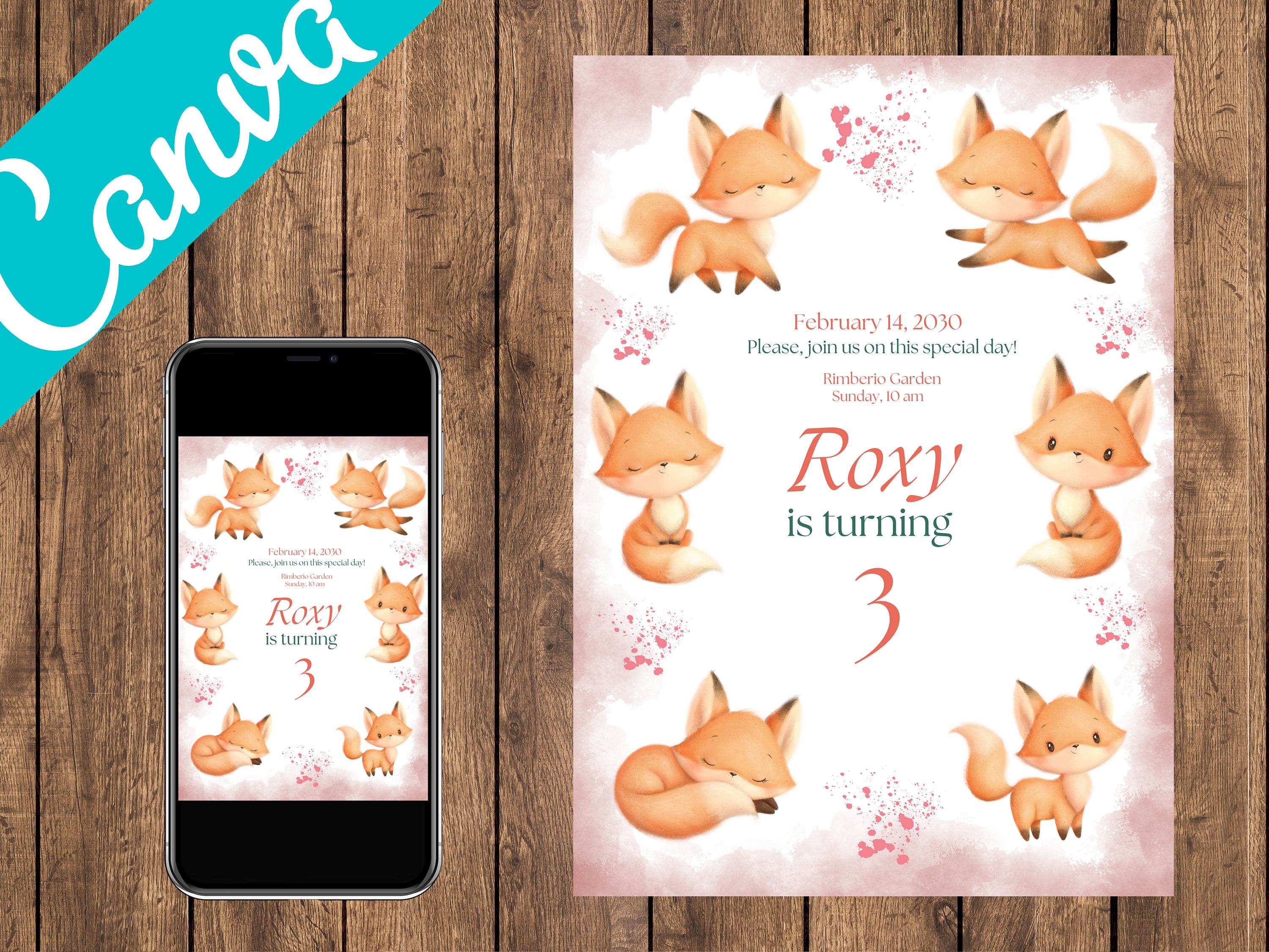 Fox Birthday Invitation / Fox Birthday Invitation / Fox Canva Template ...
