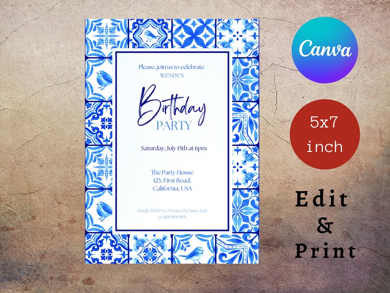 Blue Tiles Invitation, Greek Italian Portugese Spanish Mediterranean ...