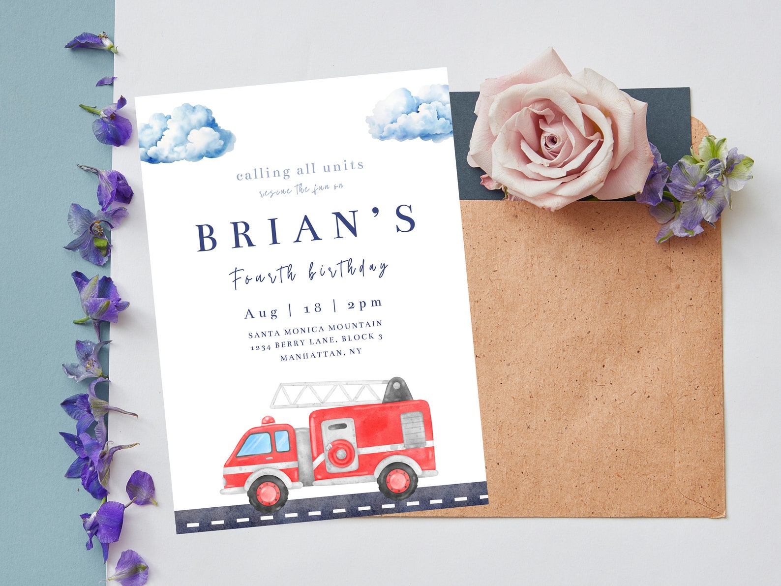 Firetruck Birthday Invitation, Modern Firetruck, Fireman Birthday ...