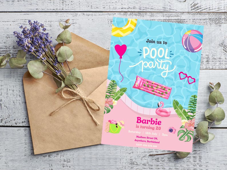 Barbie Birthday Invitation, Pool Party Invite, Swimming Birthday Canva ...