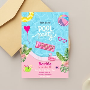 Barbie Birthday Invitation, Pool Party Invite, Swimming Birthday Canva ...