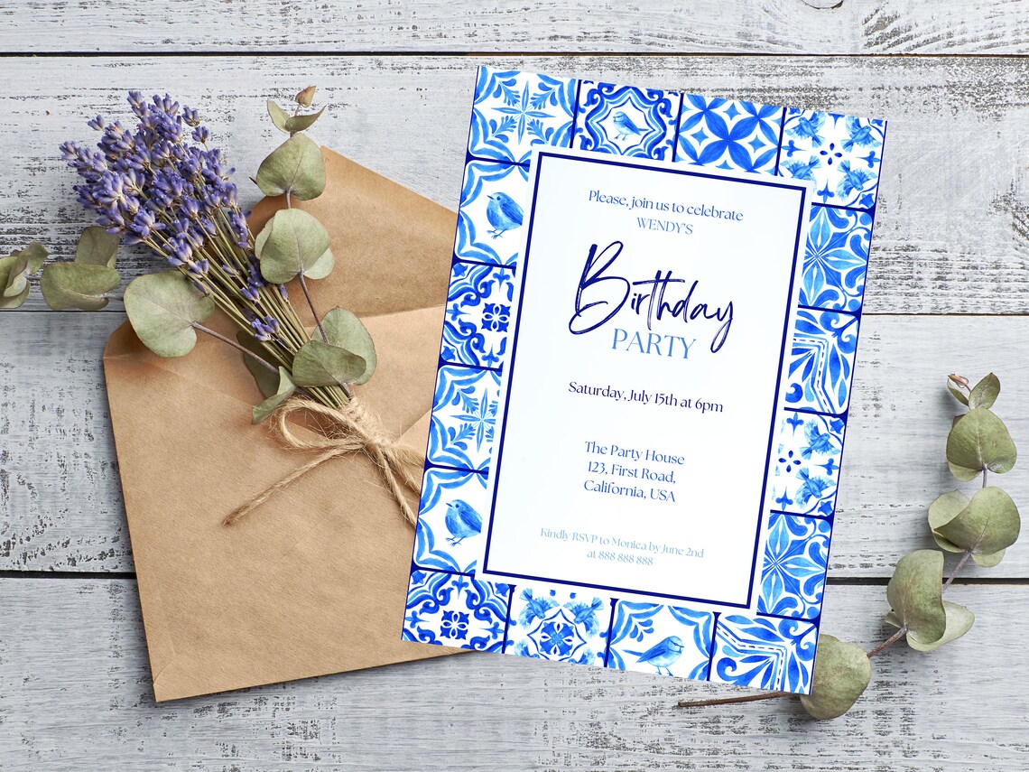 Blue Tiles Invitation, Greek Italian Portugese Spanish Mediterranean ...