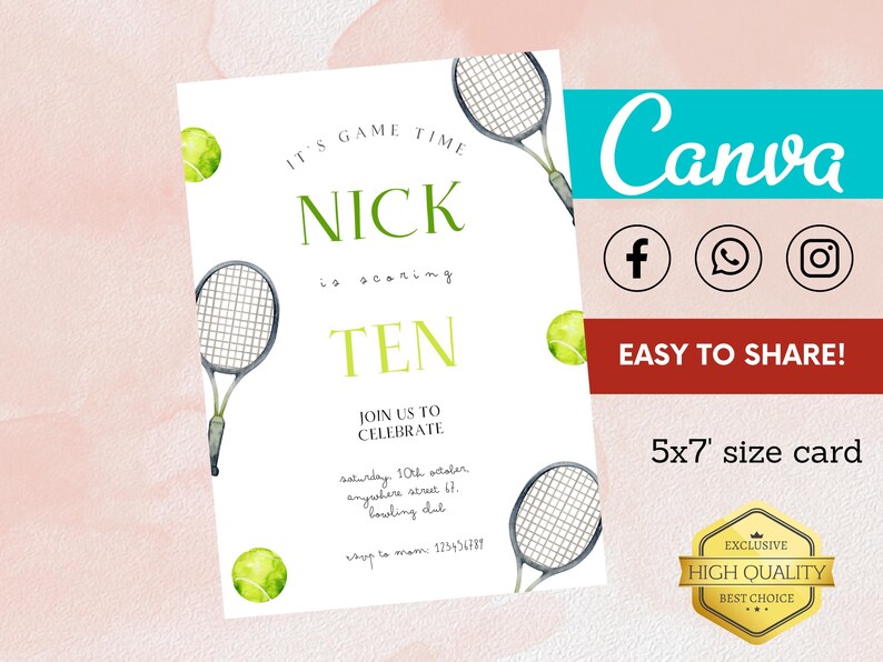 Tennis Invitation Editable Template, Tennis Birthday Party Invite ...