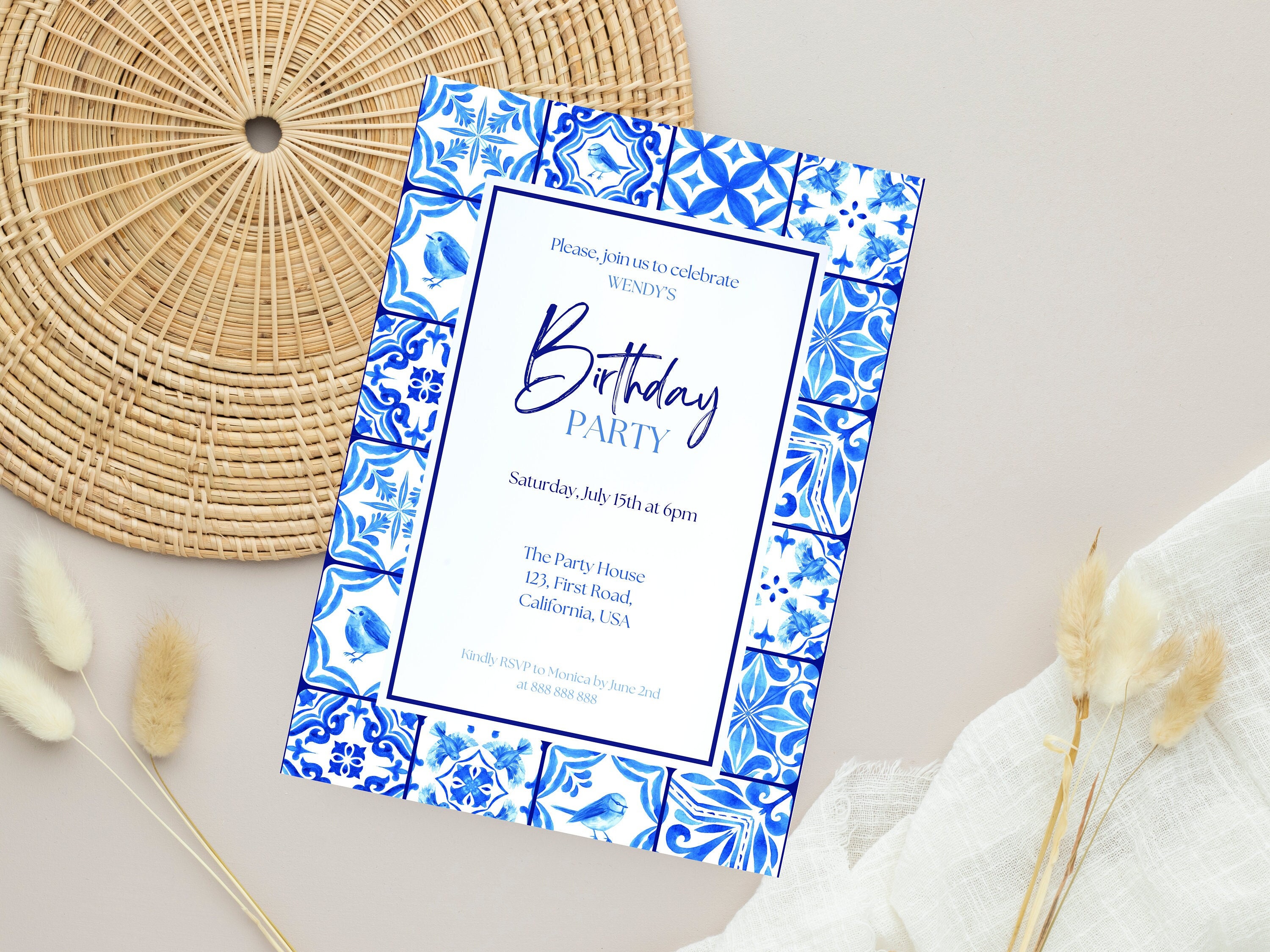 Blue Tiles Invitation, Greek Italian Portugese Spanish Mediterranean ...