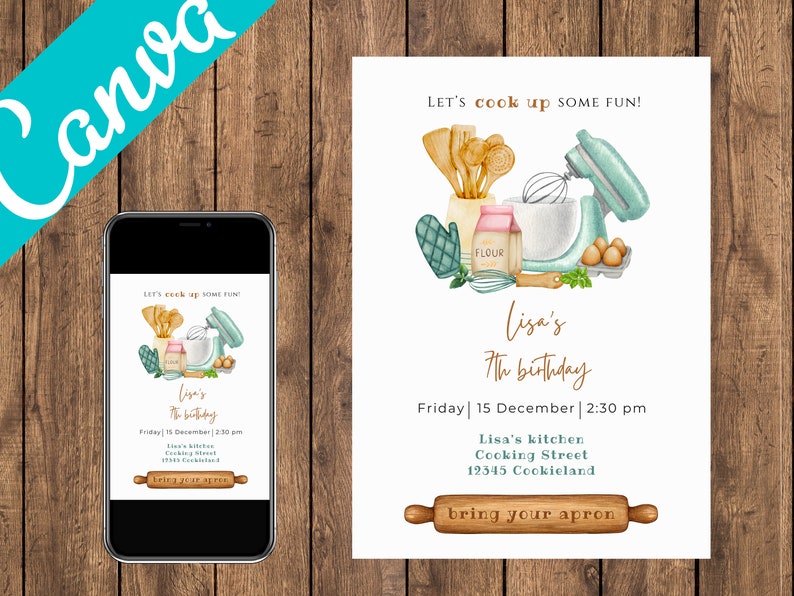 Cookie Invitation, Baking Birthday Invitation, Girl Chef Baking Party ...