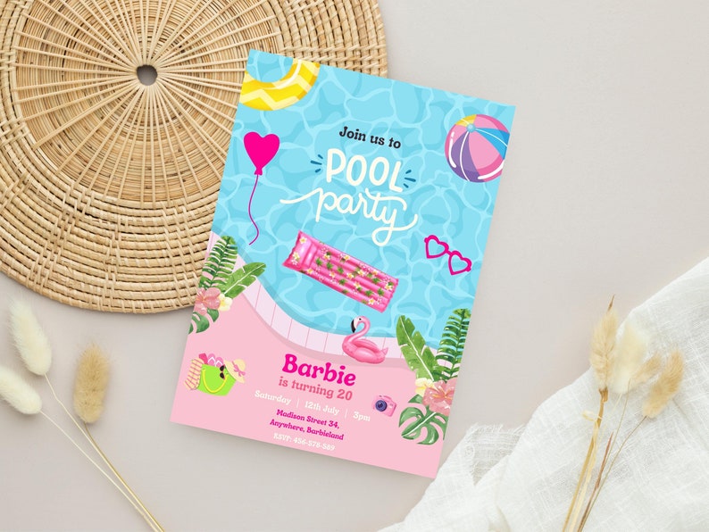 Barbie Birthday Invitation, Pool Party Invite, Swimming Birthday Canva ...