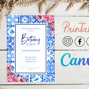 Blue Tiles Invitation, Flower Birthday Invite, Greek Italian Portugese ...