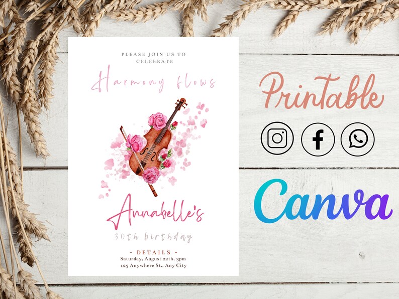 Music Birthday Invitation, Violin Invitation, Editable Party Template ...