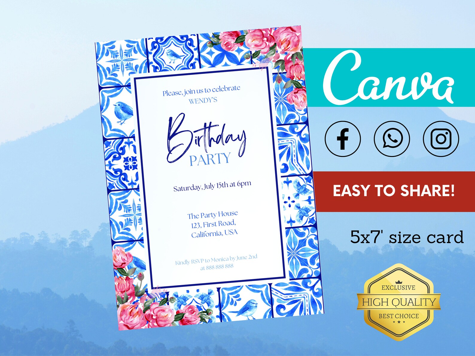 Blue Tiles Invitation, Flower Birthday Invite, Greek Italian Portugese ...