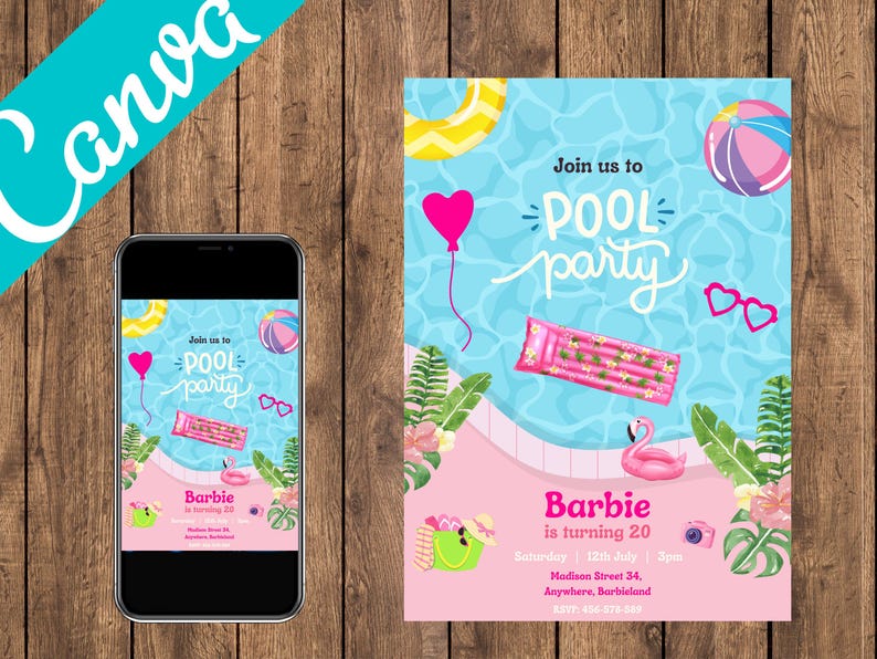 Barbie Birthday Invitation, Pool Party Invite, Swimming Birthday Canva ...