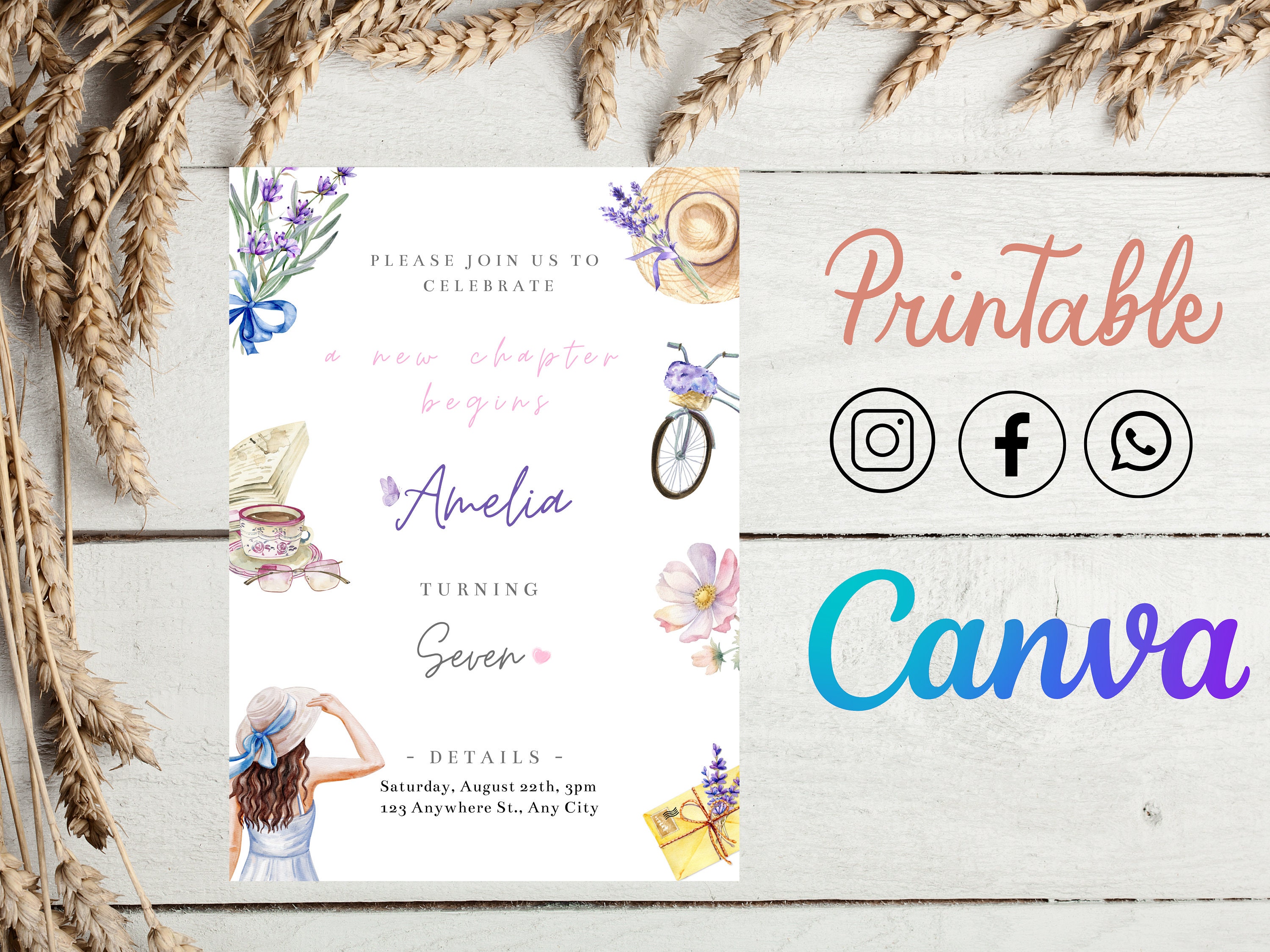 Lavender Birthday Invitation EDITABLE, Purple Floral Birthday ...