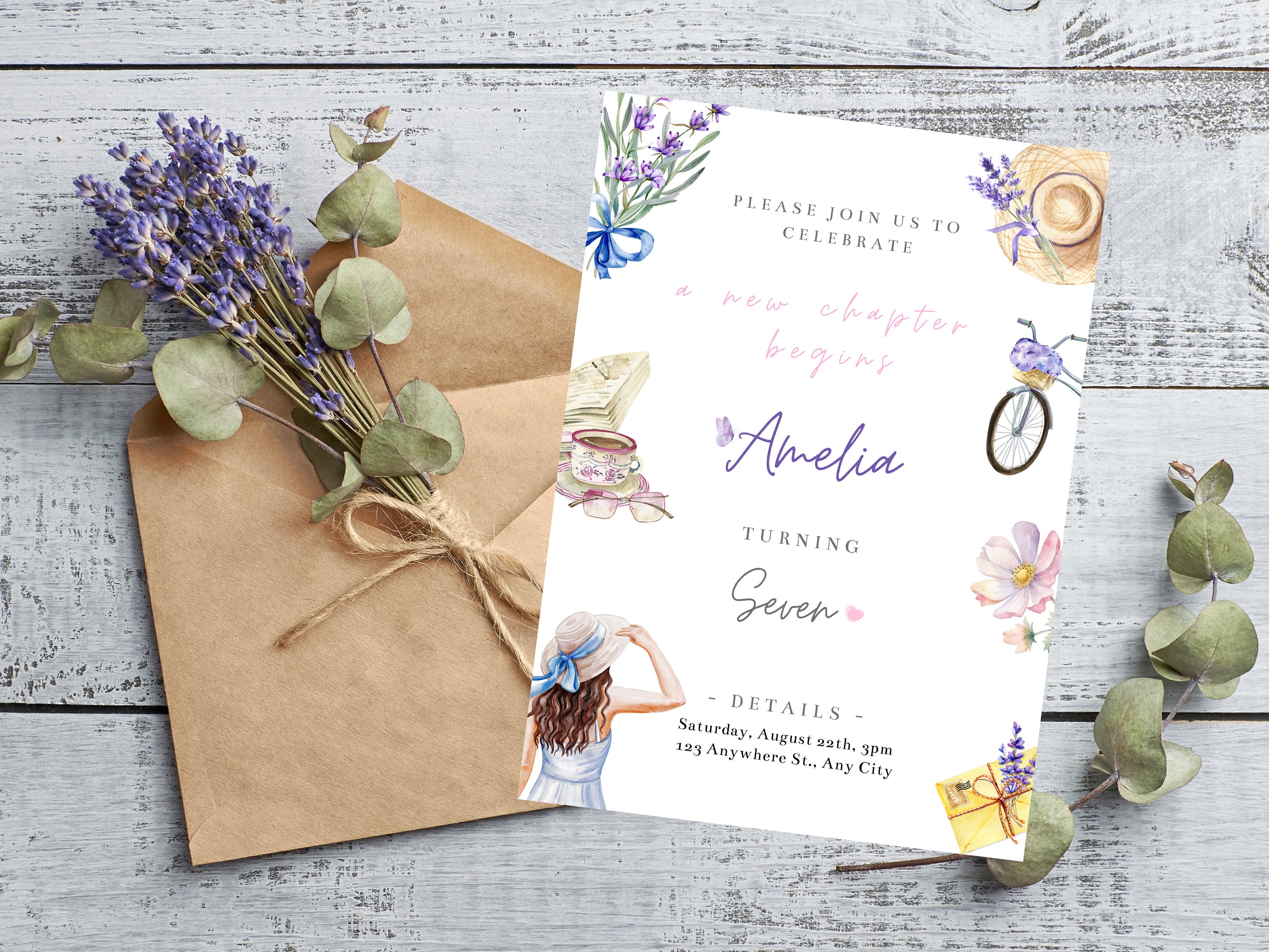 Lavender Birthday Invitation EDITABLE, Purple Floral Birthday ...
