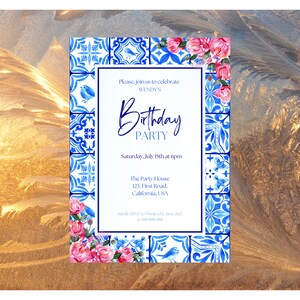 Blue Tiles Invitation, Flower Birthday Invite, Greek Italian Portugese ...