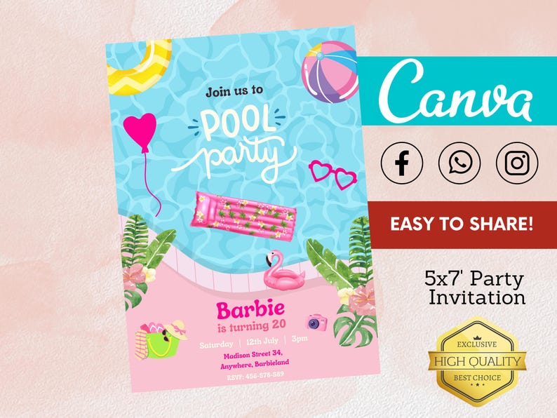 Barbie Birthday Invitation, Pool Party Invite, Swimming Birthday Canva ...